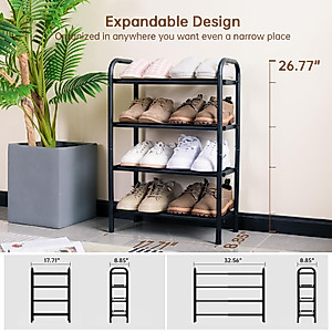 Gonfoam 4-Tier Expandable Shoe Rack,Adjustable Shoe Shelf Storage Organizer Heavy Duty Metal Free Standing Shoe Rack for Entryway Closet Doorway (Black)