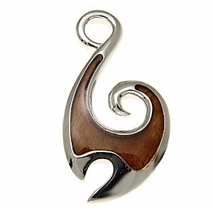 Arthur's Jewelry Koa Wood Hawaiian Ocean Wave Fish Hook Rhodium Plated Brass Pendant Charm