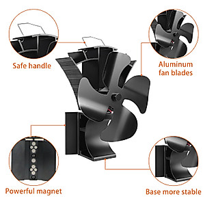 VODA 3-in-1 Stove Fan with Magnet, Heat Powered Fan with Adjustable Band- 4 Blades Woodburner Fan for Wood Stove/Fireplace/Stove Pipe, Wood Burning Stove Top Fire Fan