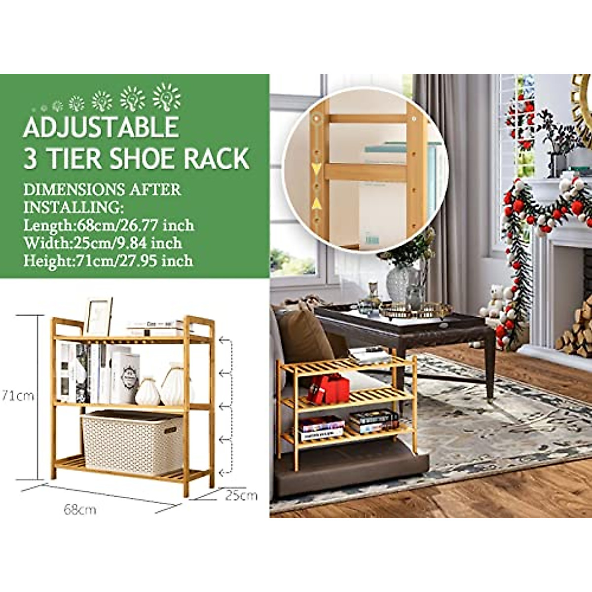 ZHIJXFAVO Wooden Shoe Rack for Closet | 3 Tier Wood and Bamboo Shoe Shelf | Shoe Storage Orgnizer for Enterway Hallway Bathroom Balcony | Easy to Assemble & Space Saving