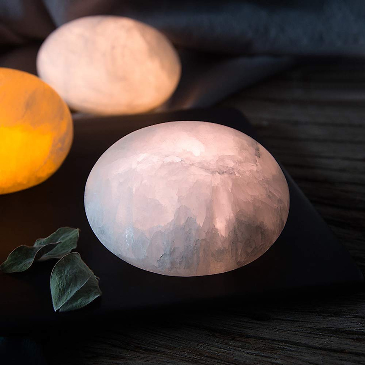 MIYA LIFE USB Rechargable Tap Lights, Hand Carved from Natural Selenite Stone, with LED Dimmer Switch (White/Warm/Yellow), Decoration for Cabinets/Closets/Bedroom Lights (Selenite Lights)