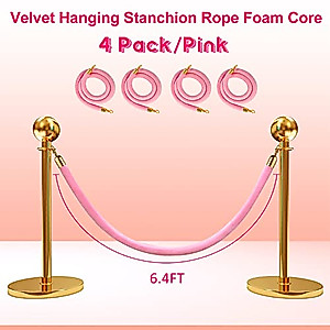 Vevitts 4 pcs Pink Velvet Stanchion 6.4FT Velvet Rope, Crowd Control Ropes Barrier with Polished Gold Hooks, Thick Stanchion Queue Barrier Rope