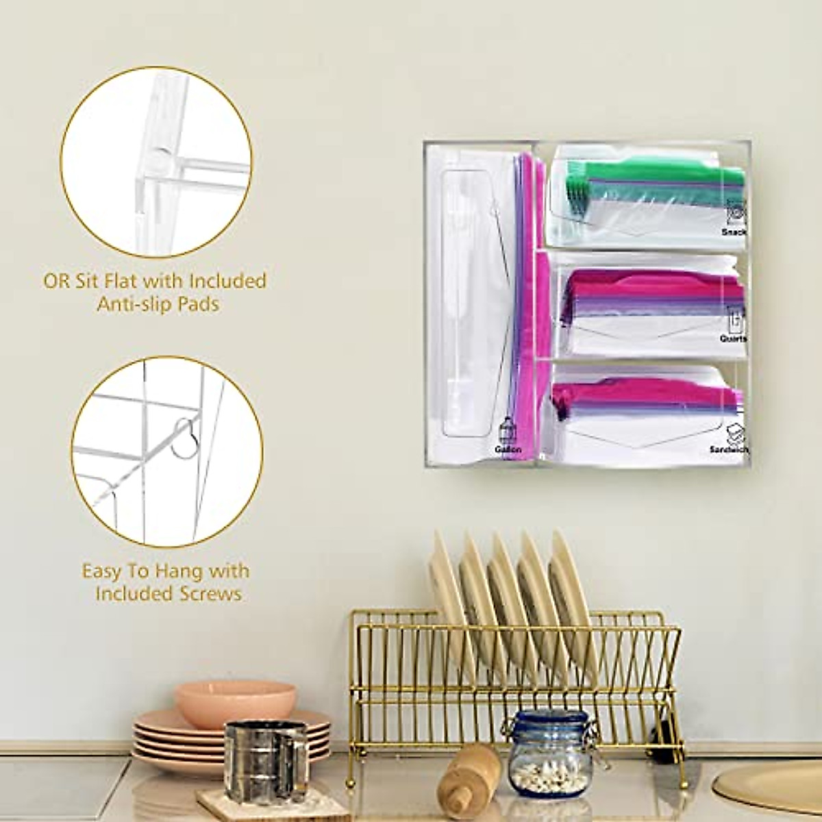 Acrylic Ziplock Bag Storage Organizer w/ 4 Compartments, Clear Baggie Organizer for Kitchen Drawer, Compatible with Ziploc, Gallon, Quart, Sandwich & Snack Variety Size Bag