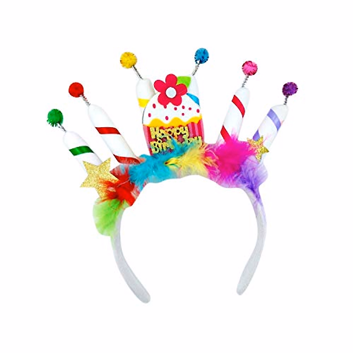 Happy Birthday Cupcake and Candles Headband Rainbow Party Accessory, One Size Fits Most
