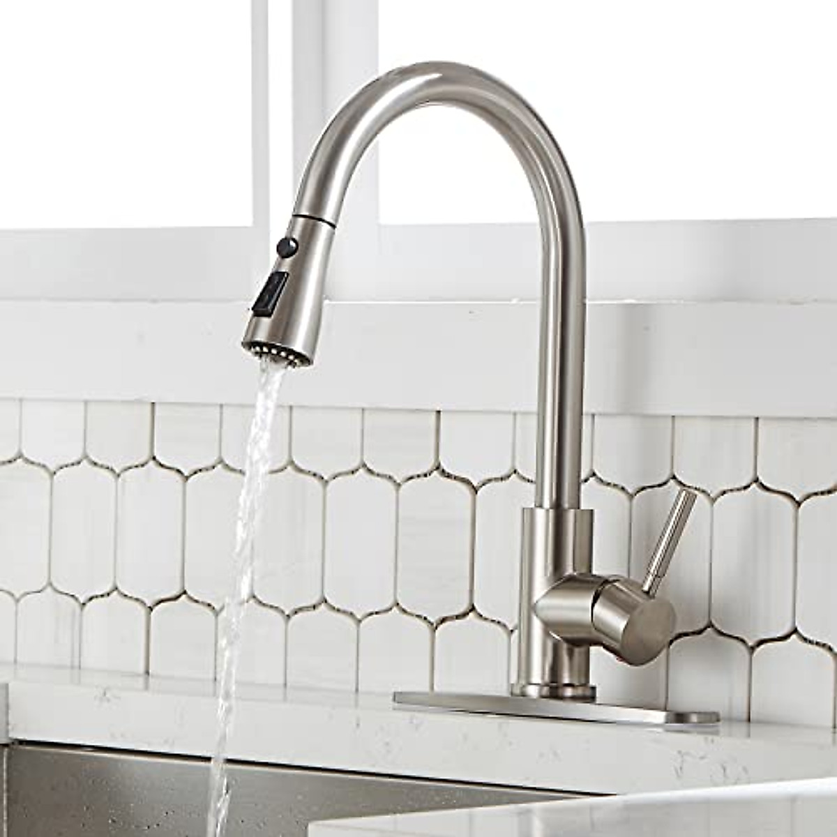 VAPSINT High Arc Single Handle Brushed Nickel Kitchen Faucet with Pull Down Sprayer,Commercial Modern Stainless Steel Kitchen Sink Faucet,Deck Mount Single Hole Pull Out Faucet for Kitchen Sink