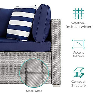 Best Choice Products 5-Piece Modular Conversation Set, Outdoor Sectional Wicker Furniture for Patio, Backyard, Garden w/ 3 Chairs, Ottoman Chair, 2 Pillows, 6 Seat Clips, Coffee Table - Gray/Navy