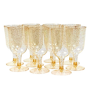 MATANA 50 Gold Glitter Goblet Plastic Wine Glasses for Weddings, Birthdays, Bridal Shower & Parties, 6oz - Sturdy & Reusable