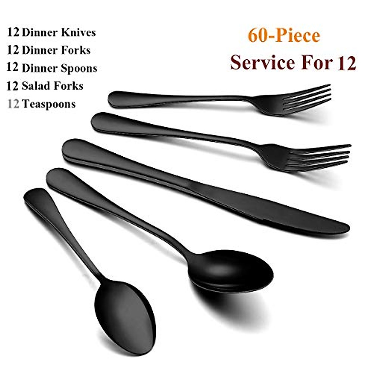 Wildone 60-Piece Black Silverware Set, Stainless Steel Flatware Cutlery Set Service for 12, Tableware Eating Utensils Include Knives/Forks/Spoons, Mirror Polished, Dishwasher Safe