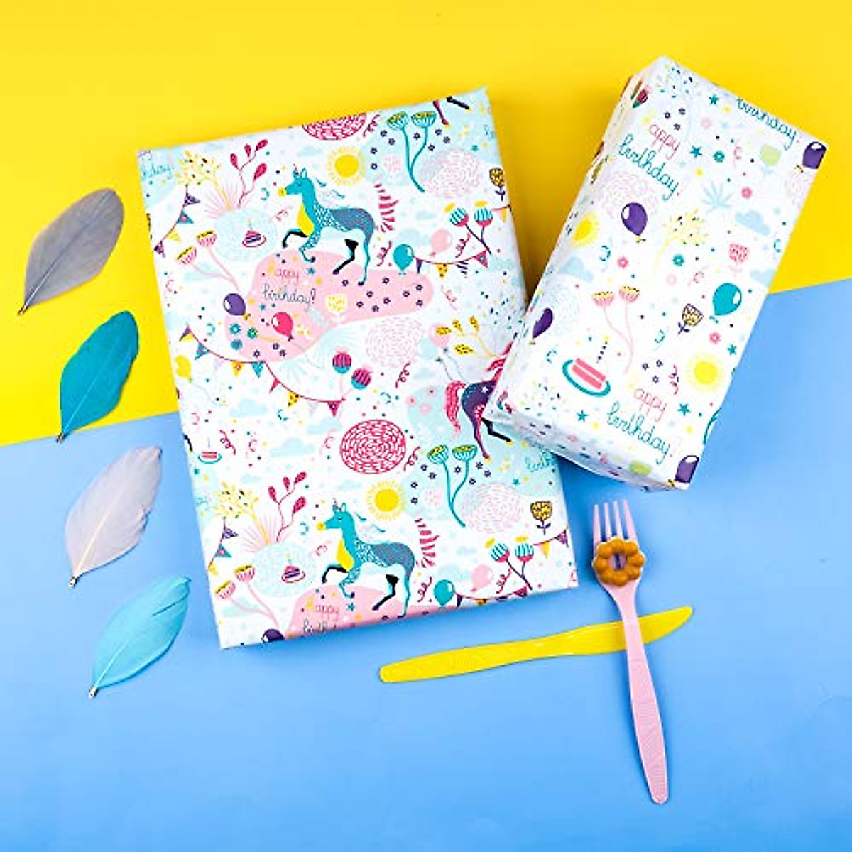 WRAPAHOLIC Birthday Wrapping Paper Roll - Unicorns and Celebration Banners Set for Party, Celebrating, Baby Shower Present Packing - 4 Rolls - 30 inch X 120 inch Per Roll