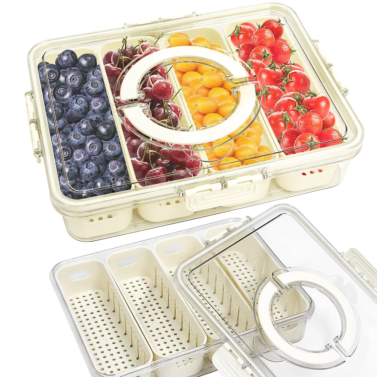 Yuroochii Divided Serving Tray Fresh-keeping Box with Lid&Handle, 4 Compartments Snacks Box, Snack Fruit Tray, Veggie Tray, Portable Snack Platter for Candy Fruits Nuts Snack Party Entertaining Picnic
