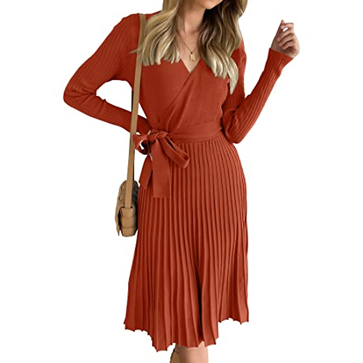 ZESICA Women's 2023 Fall Long Sleeve Wrap V Neck Ribbed Knit Pleated A Line Pullover Sweater Dress with Belt,Rust,Large