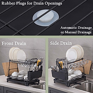 Panchydor Dish Drying Rack,2 Tier Stainless Steel Black Large Drying Rack for Kitchen Counter,Rust-Proof Automatic Draining Dish Rack with Utensil Holder,Cup Holder,Cutting Board Holder,Two Hooks