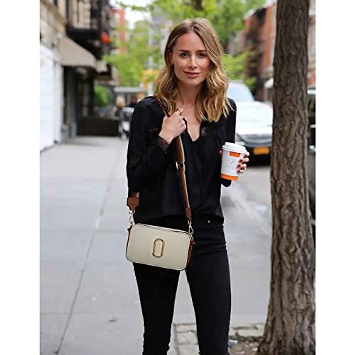 BOSTANTEN Crossbody Bags for Women Leather Snapshot Phone Purses Shoulder Handbags with 2 Adjustable Wide Strap Beige White