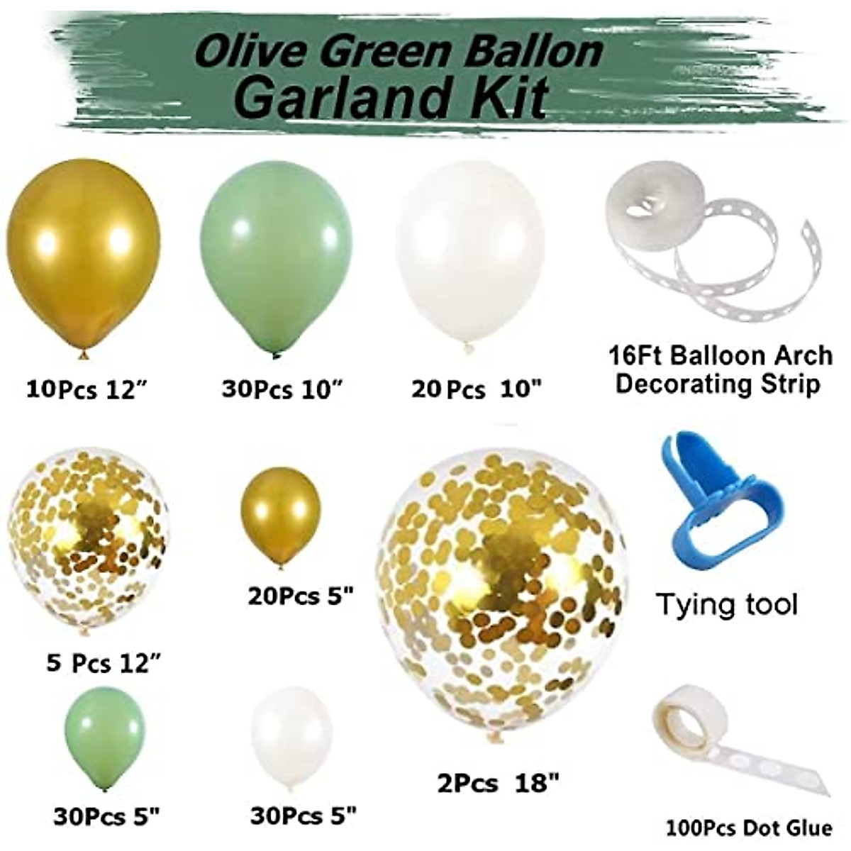 OKAKA 150pcs Olive Green Balloon Garland Arch Kit, Gold Confetti Balloons Sage Green Balloon and Gold Metallic Chrome Latex Balloons Set Wedding Birthday Balloons Baby Shower Decorations (Sage Green)