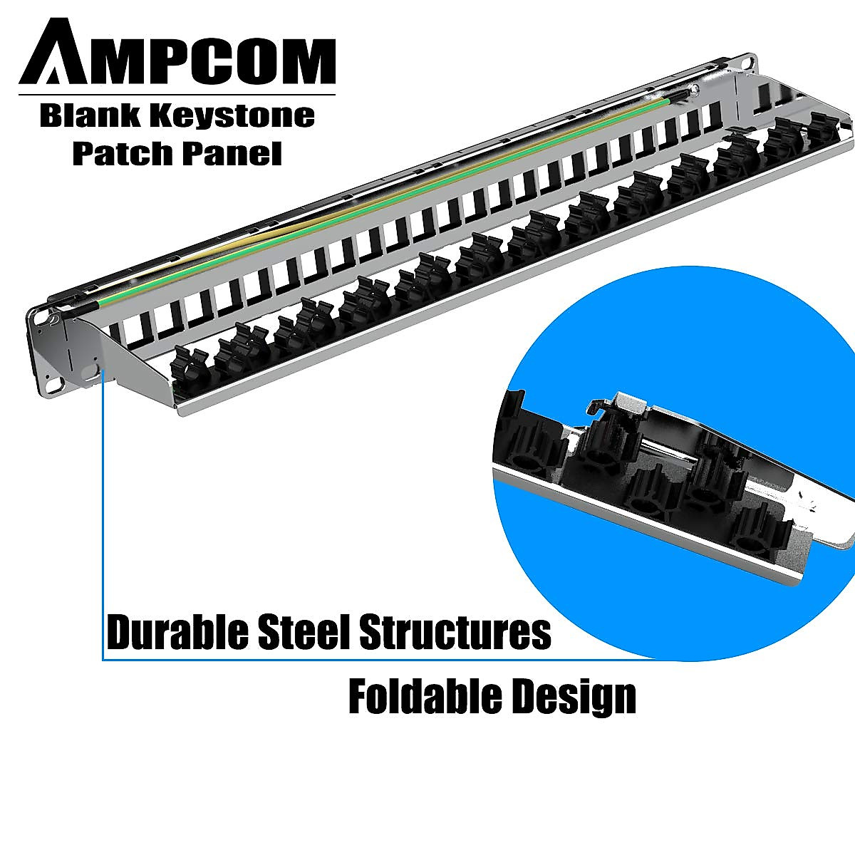AMPCOM 24 Ports 1U Blank Keystone Patch Panel, 19 inch Rack or Wall Mount with Rear Cable Management Panel for Ethernet CAT5e/CAT6/CAT7, USB, HDMI