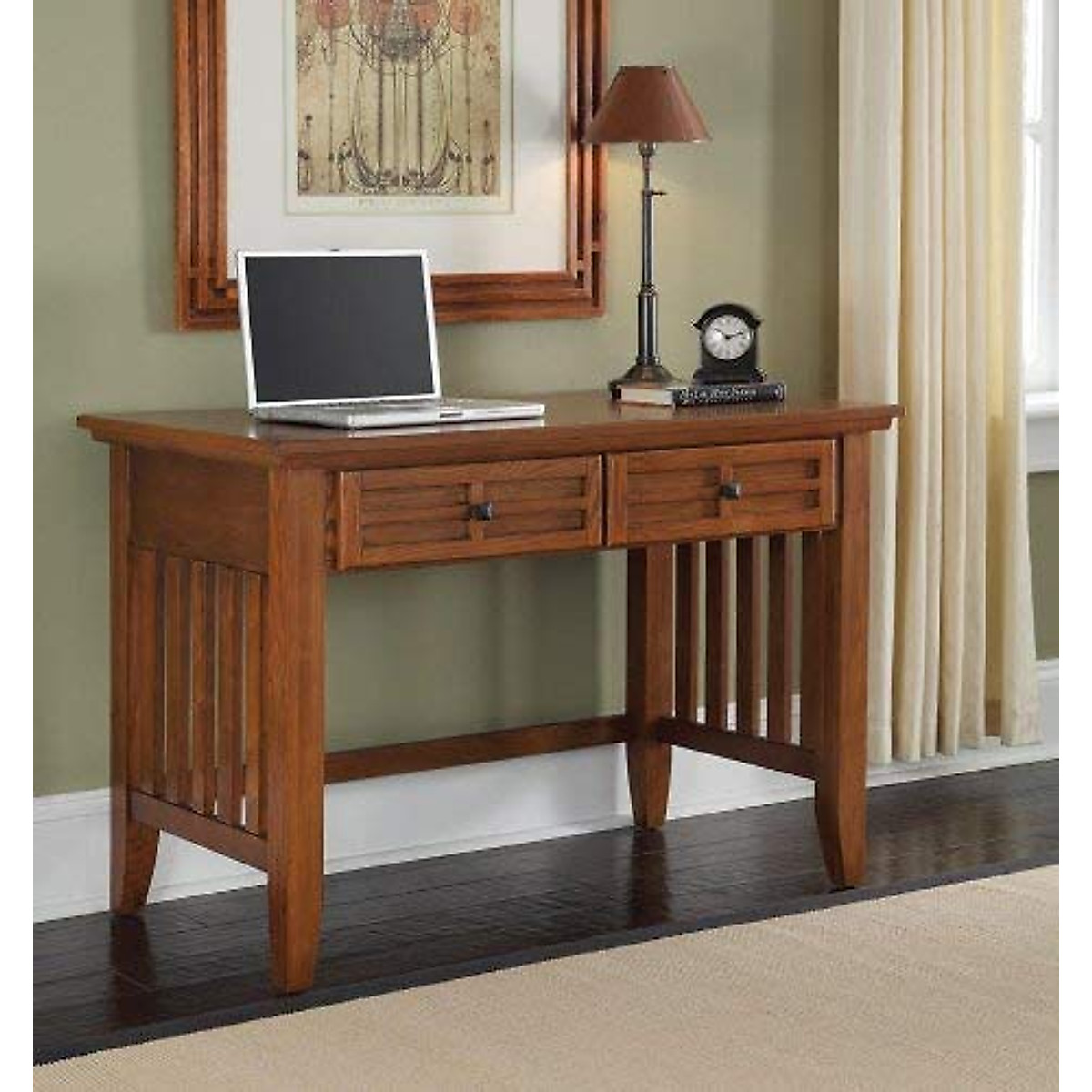 Home Styles Arts and Crafts Mission Style Student Desk Crafted from Hardwoods with Cottage Oak Finish, Black Finished Hardware, Slightly Flared Legs, Two Storage Drawers, Without Hutch