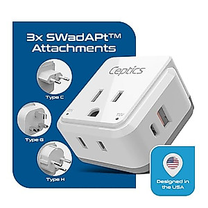 Ceptics Israel, Jordan Power Plug Adapter Travel, 20W PD & QC, Safe Dual USB & USB-C 3.1A -2 USA Socket - Use in Jerusalem, Palestine, UAE - Includes Type H, Type C, Type G Swadapt Attachments