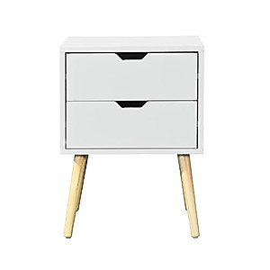 MACHOME NightStand, Bedside 2 Drawers and Rubber Wood Legs, Mid-Century Modern Storage Cabinet, End Side Table, for Bedroom Living Room Furniture, White