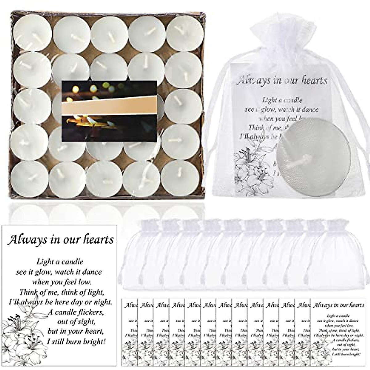 Coume 50 Set Funeral Favors Memorial Tealight Candles Unscented White Candles Funeral Gift Candles with Condolence Bereavement Cards and Organza Bags for Guest Furneral Party (Minimalist)
