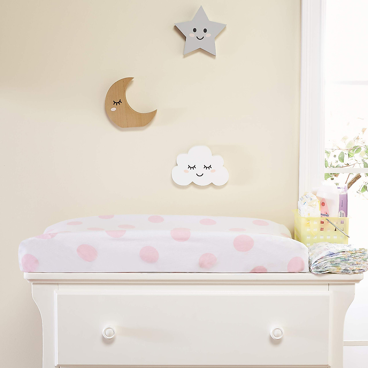 EVERYDAY KIDS 2 Pack Baby Changing Pad Covers for Baby Girl – Fits Most Changing Table Pads; 100% Cotton Jersey Knit, Breathable, Soft Changing Table Topper – Pink and White Hearts and Polka Dots