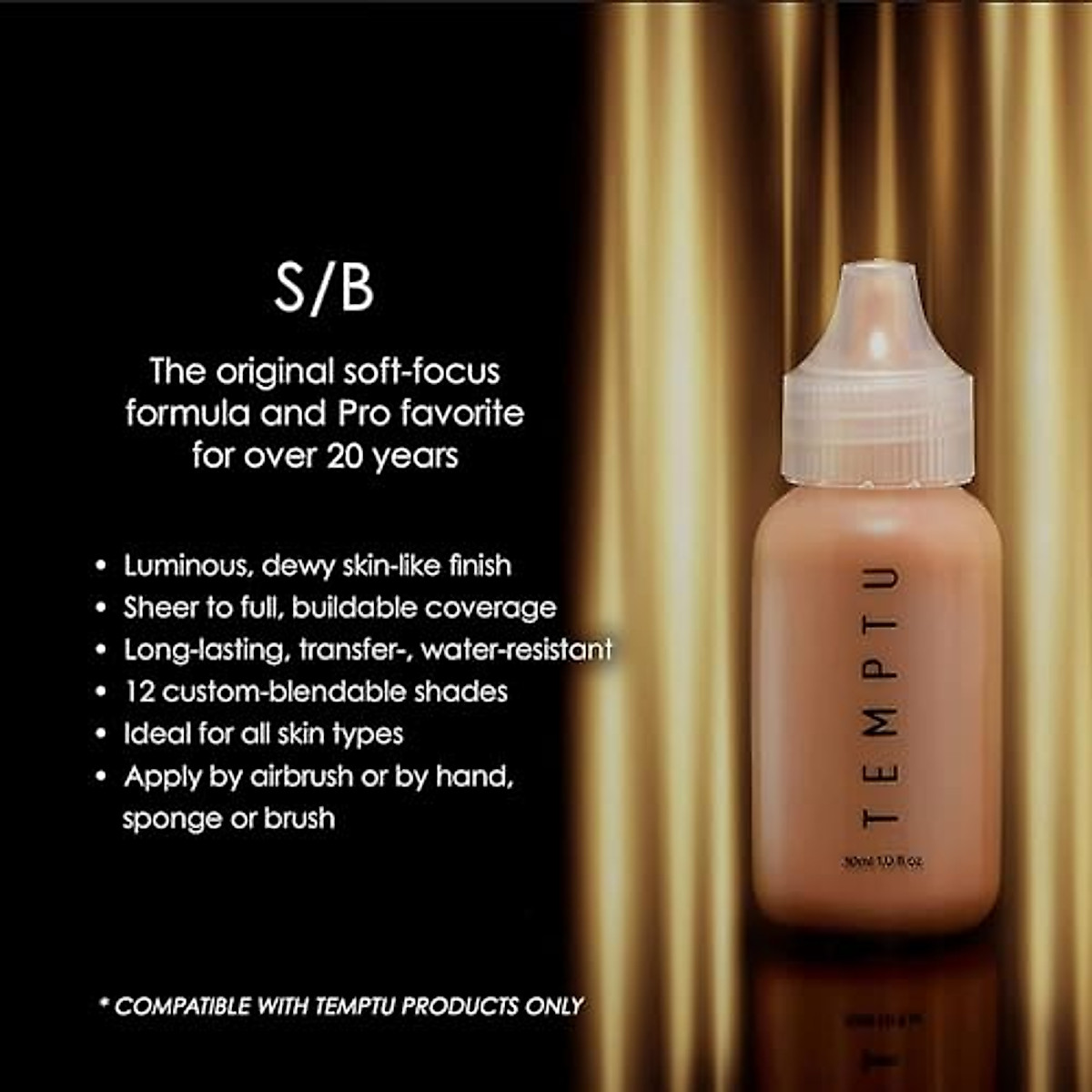 TEMPTU S/B Silicone-Based Airbrush Foundation: Professional Long-Wear Liquid Makeup, Sheer To Full Coverage For A Hydrated, Healthy-Looking Glow & Luminous, Dewy Finish On All Skin Types, 004 Sand, 1 Fl Oz