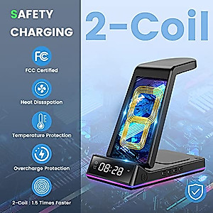 DLveer Wireless Charger - 3 in 1 Wireless Charging Station with Alarm/Clock/Night Light,Charger Stand for iWatch,Airpods Pro,iPhone 14/13/12/11 Pro/X/Xs Max/8 Plus/Samsung Phone(with 18W Adapter)