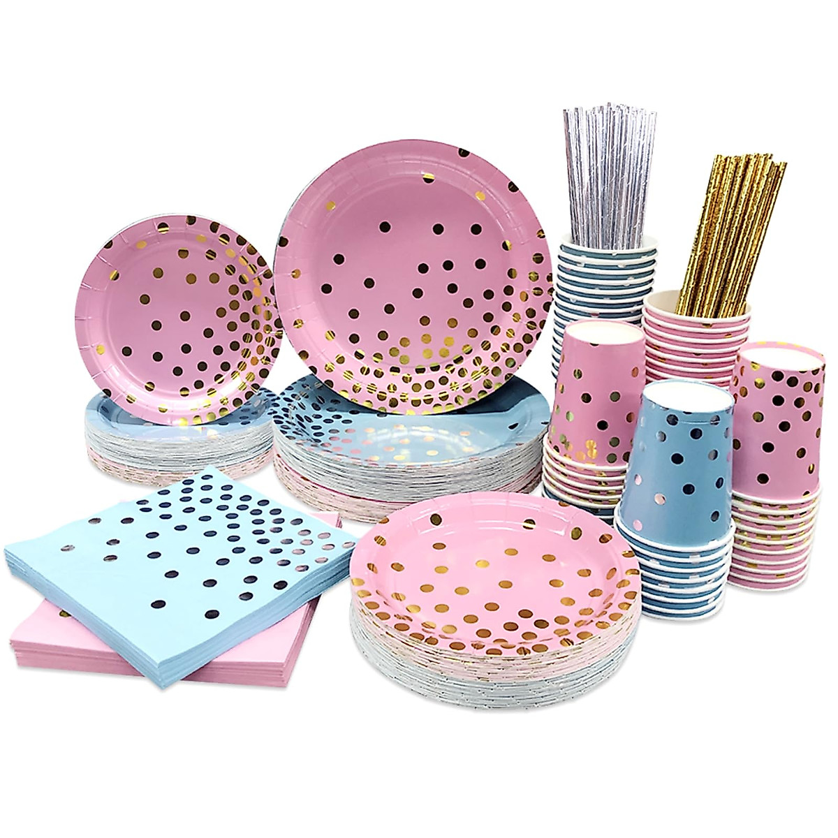 Ottin Gender Reveal 250 PCS Pink and Blue Paper Plates and Napkins Set Decorations for Wedding Boy or Girl's Birthday Party Baby Shower Bridal Shower Christmas New Year Valentine's Day