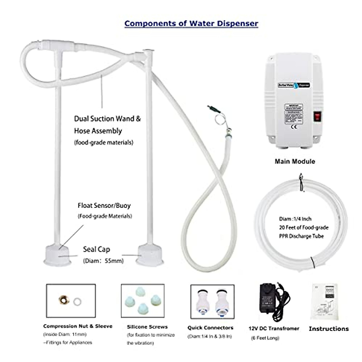 Water Dispenser 5 Gallon Bottle Water Pump System 60PSI for Fridge Ice Maker Faucet (12V Upgraded -Dual Inlet)