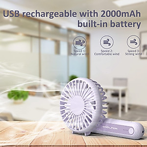 Coolfor Handheld Fan,USB Rechargeable Mini Fan with 2000mAh Battery Operated Small Fan with 3 Adjustable Speeds,180°Rotation Foldable Fan for Office Desktop Picnic Shopping and Travel(Purple)