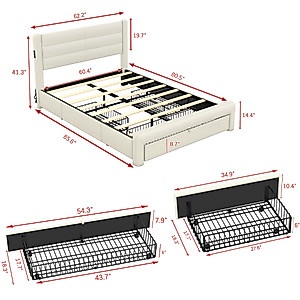 Queen Bed Frame with 3 Storage Drawers, Faux Leather Platform Bed with Headboard and Charging Station, Queen Size Bed Frame with Slats Support and USB Port, No Box Spring Needed, Beige