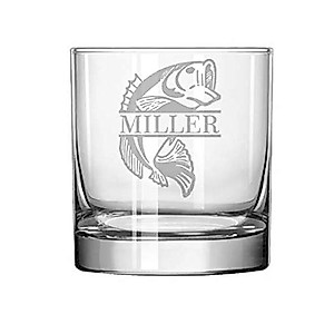 Engraved Rocks Whiskey Glass Bass Fish Fishing Custom Personalized