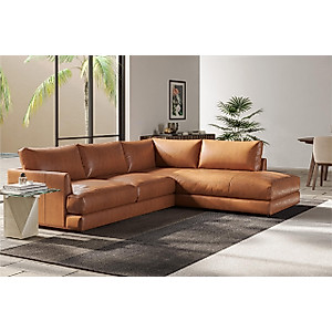 Valencia Serena 108" Cognac Tan Brown Full Leather Sectional Sofa with Right Chaise | Nappa 11000 Leather, Modern Low Profile Lounge Sofa | L Shaped Couch for Living Room Furniture