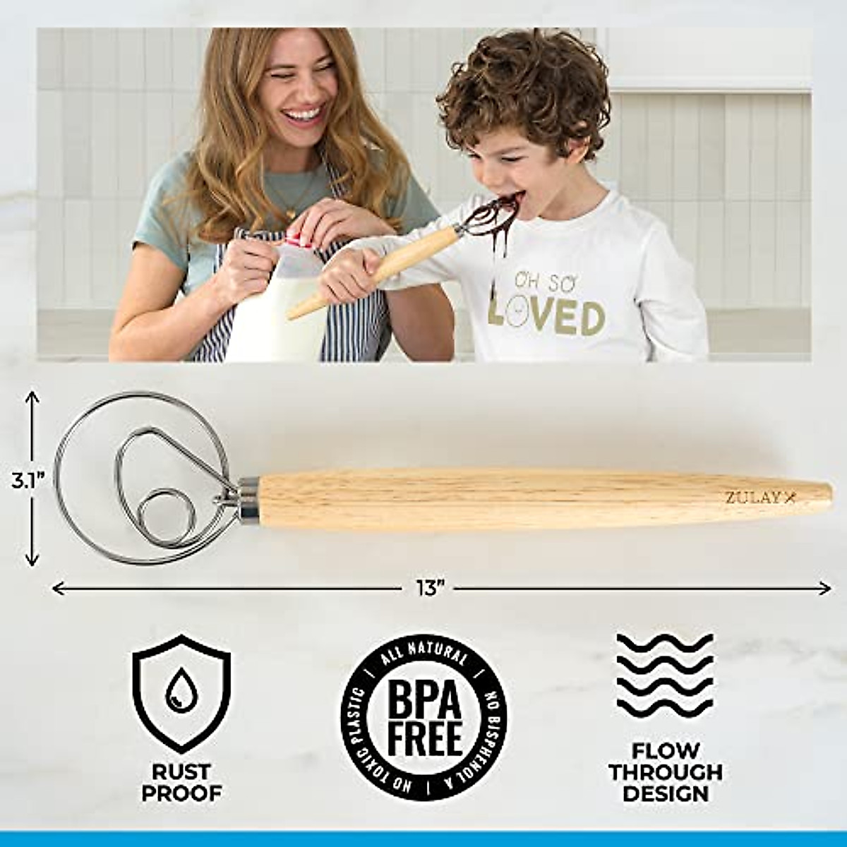 Zulay Kitchen 13 Inch Danish Dough Whisk - Large Wooden Danish Whisk For Dough With Stainless Steel Ring - Traditional Dutch Whisk Baking Tool For Bread, Batter, Cake, Pastry