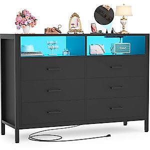 Hyomdeck Black Dresser for Bedroom, 6 Drawer Dresser with LED Lights and Power Outlet, Wood Dresser, Tall Chest of Drawer Storage Organizer, Dresser TV Stand for Living Room, Hallway, Entryway