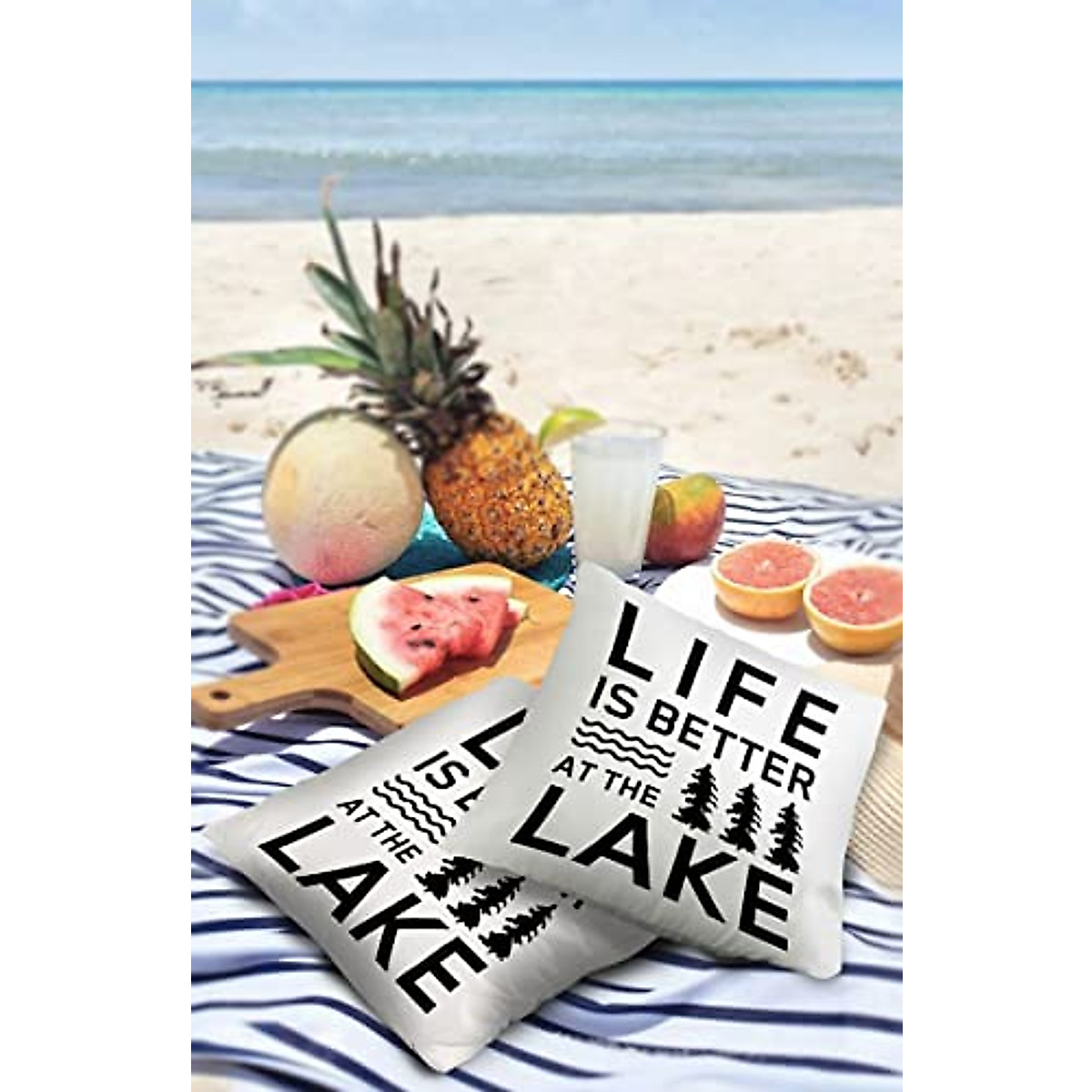 Outdoor Waterproof Pillow Covers for Patio Furniture Life is Better at The Lake Decorative Throw Pillow Cover Plants Living Quote Pillowcases Set of 2 Cushion Case for Sofa Couch Chair 18 x 18 in