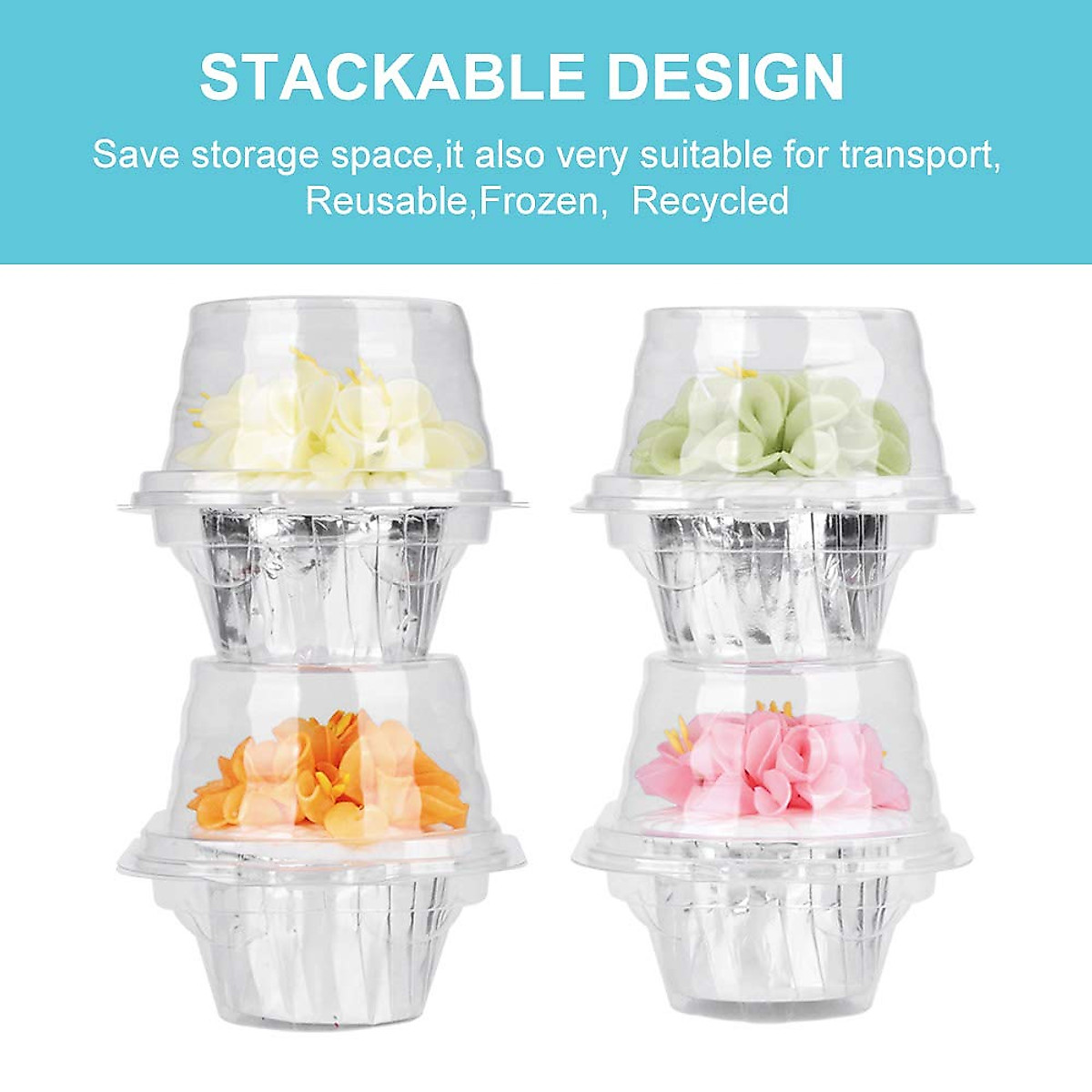LOKQING 100 Pcs Cupcake Boxes Plastic Individual Cupcake Containers Single Cupcake Carrier with Connected Airtight Dome Lid for Party