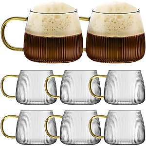 8 Pcs Glass Coffee Mugs 12.5 oz Clear Mugs for Hot Beverages Ribbed Espresso Cups Glass Coffee Cups in Vertical Stripes with Light Yellow Handle Vintage Glass Coffee Cups for Tea Latte Milk Juice