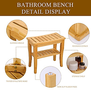 VVW Bamboo Shower Bench with Storage Shelf,19 Inch 2-Tier Wooden Spa Seat Bath Stool for Indoor, Shower Chair Bamboo for Adults Seniors Women Elderly