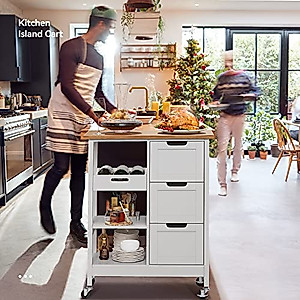 YITAHOME Kitchen Island Cart with Storage, Kitchen Cart for Home, Rolling Serving Utility Trolley Cart On Wheel with 3 Drawers and 3 Storage Shelves, Kitchen Serving Cart for Dining Room, Bar, White