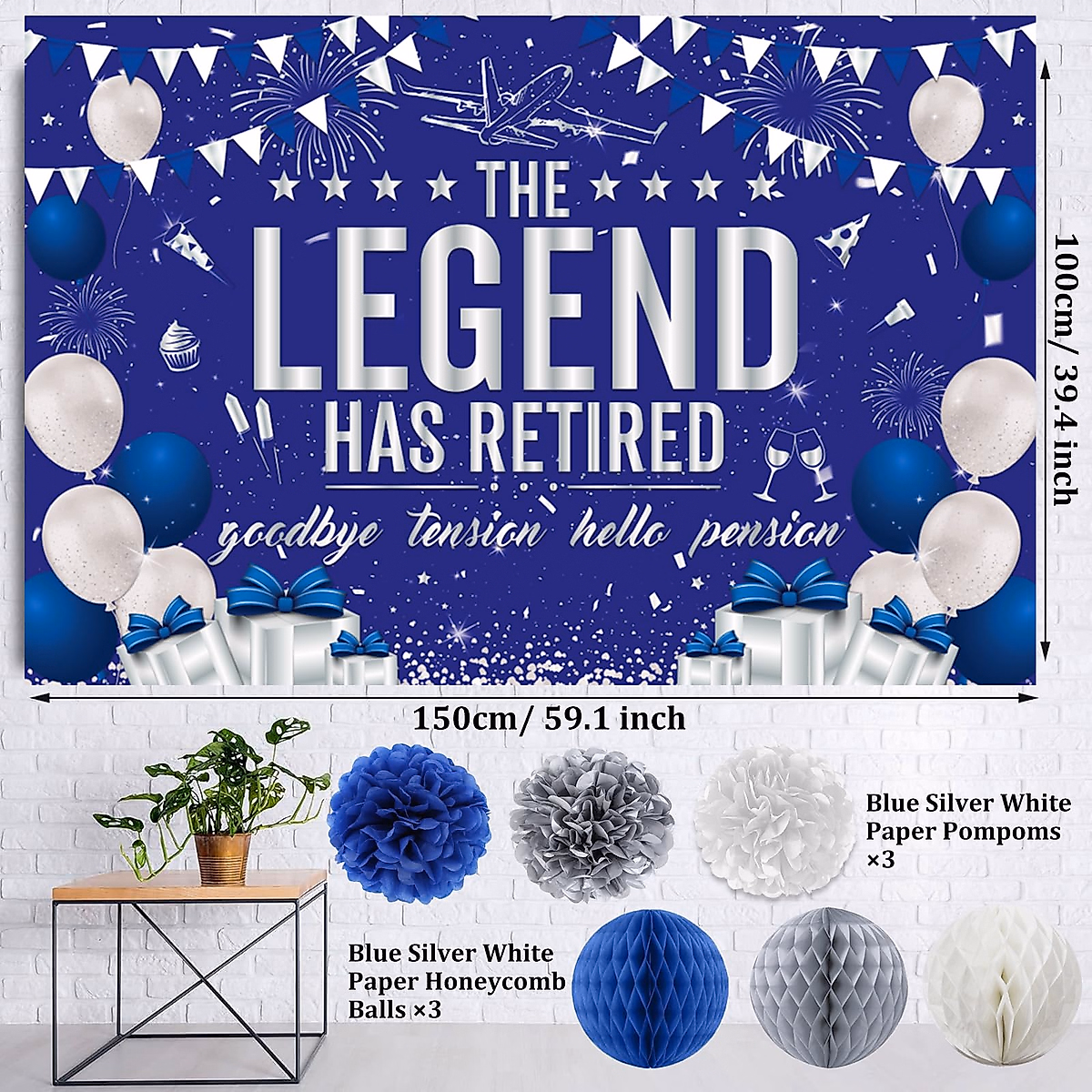 Retirement Party Decorations Blue Silver Happy Retirement Decorations for Men Women, Happy Retirement Banner, Retired Backdrop, Balloons, Pompoms, Hanging Swirl, Retirement Card, Cake Topper Set 54pcs