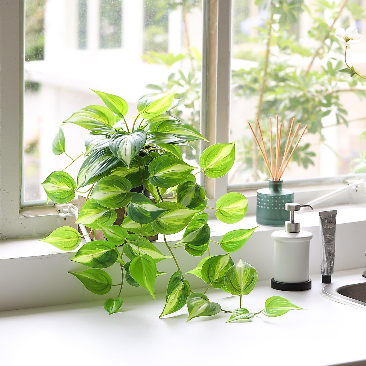 LuckyGreenery Artificial Devil's Ivy Golden Pothos Fake Plant,Hanging Potted Plants for Wall Home Patio Indoor Outdoor Decor(H 26in)