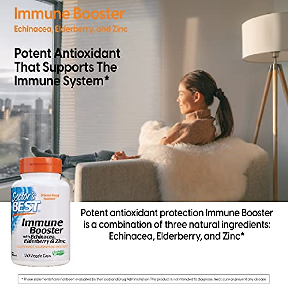 Doctor's Best Immune Booster with Echinacea, Elderberry & Zinc for Immune System Support, Antioxidant Support, 120 Count