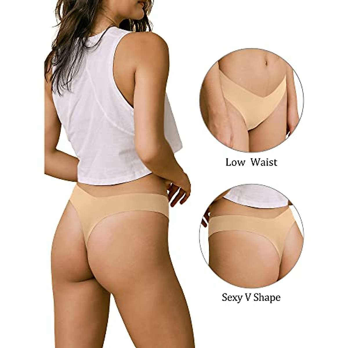 SHARICCA Women Seamless Thong No Show V Shape Strench Underwear Comfortable Invisible Soft Panties 6 Pack (7 Beige-7P08,M)
