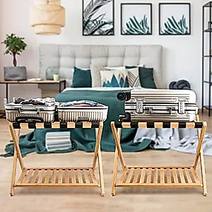 Purbambo Luggage Rack for Guest Room, Suitcase Stand with Storage Shelf, Bamboo Frame, 6 Nylon Straps, Foldable for Easy Storage