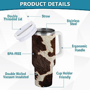 Nesatuwa 40 oz Cow Print Tumbler with Handle and Straw Lid,Reusable Stainless Steel Vacuum Insulated Tumbler Leakproof Travel Coffee Mug for Iced and Hot Beverages