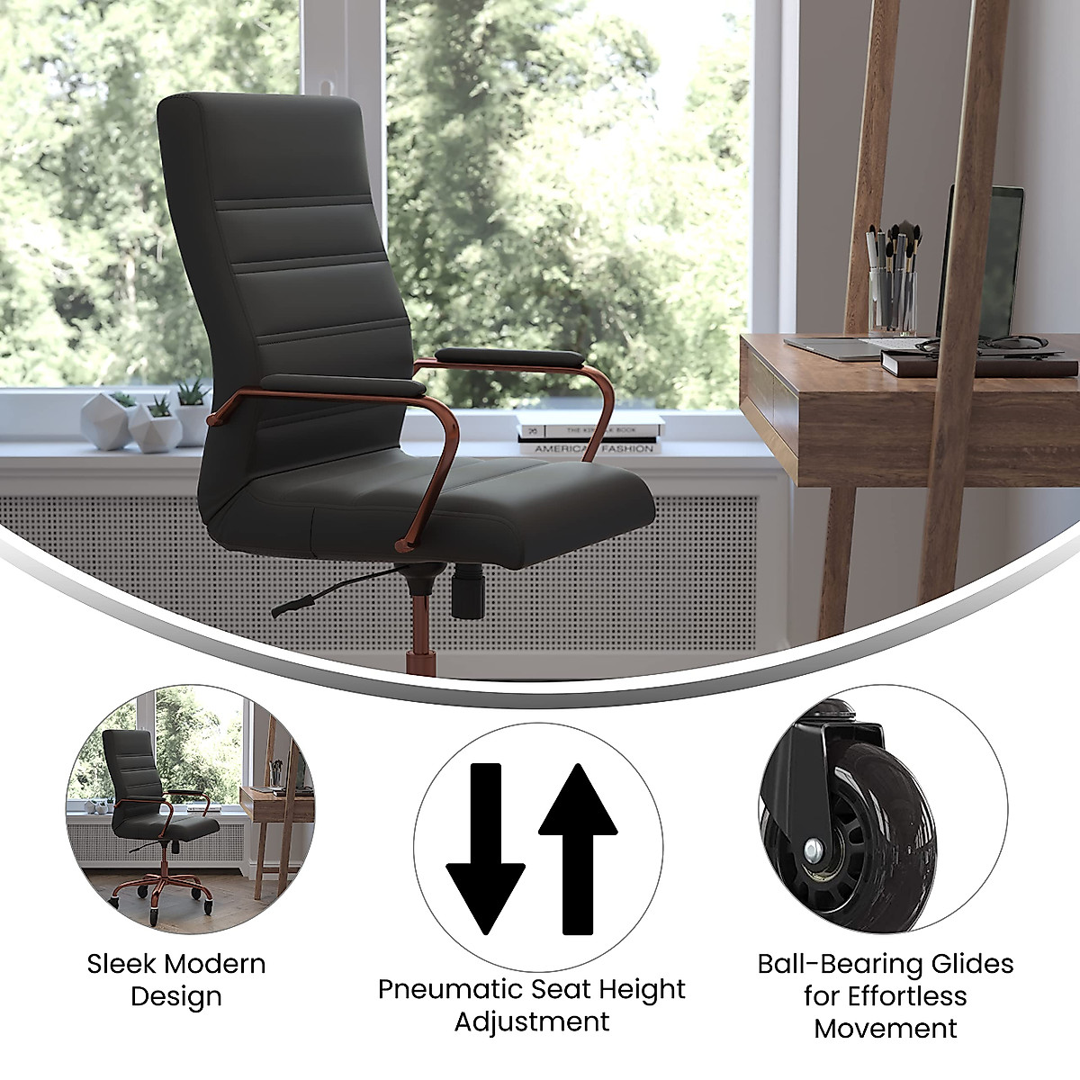 Flash Furniture Whitney High Back Black LeatherSoft Executive Swivel Office Chair with Rose Gold Frame, Arms, and Transparent Roller Wheels