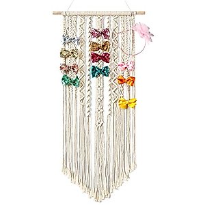 Mkono Macrame Bow Holder Hanging Hair Bow Organizer for Girls Hair Bows,Boho Wall Hair Clips Headband Storage Hanger for Baby Toddler Girls Room, Ivory (Clips and Other Props Not Included)