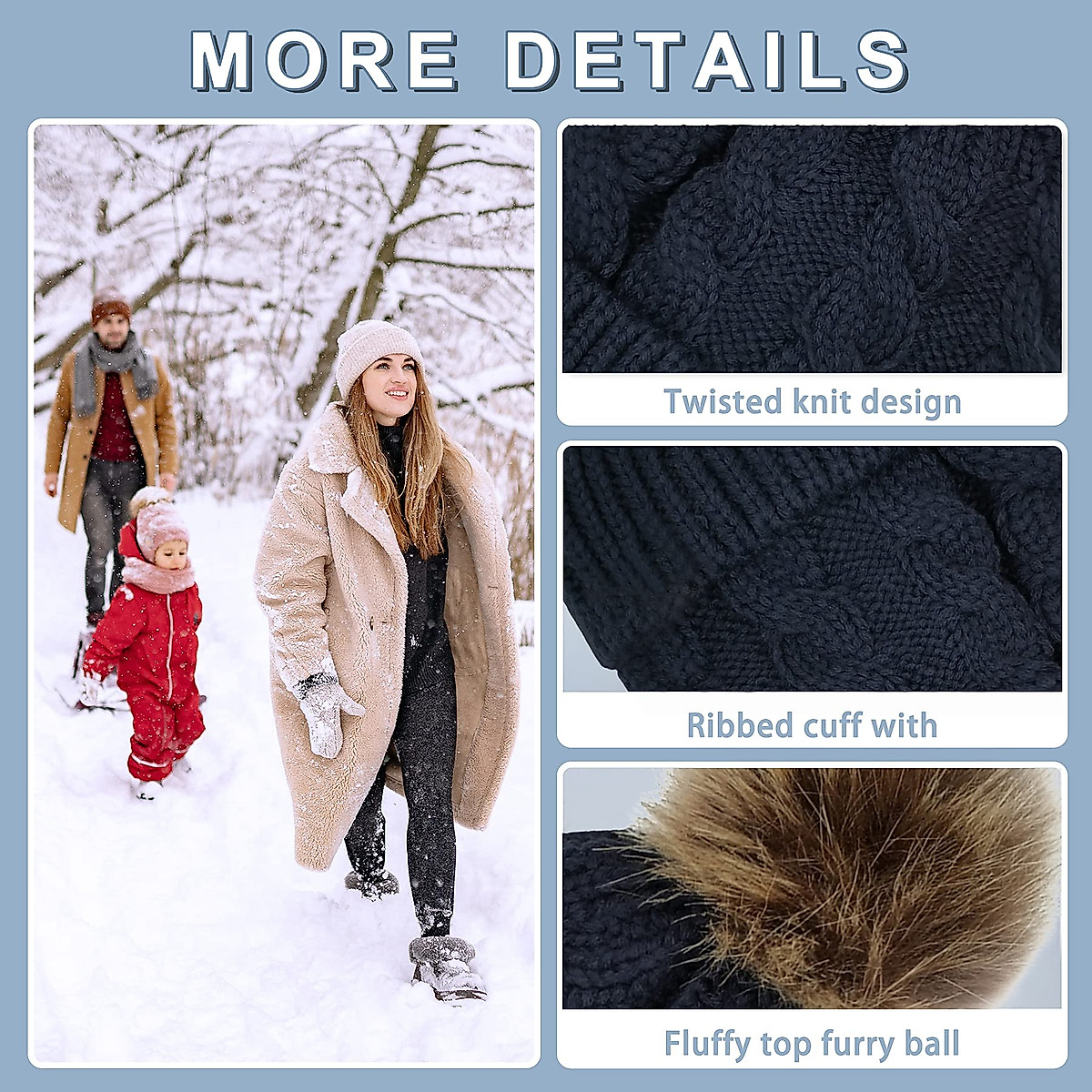 Whiteleopard Kid Beanie Hats Lining Pom Pom for Children -Slouchy Cable Knit Toddler Skull Hat Baby Ski Cap for Girls Boys (Black)