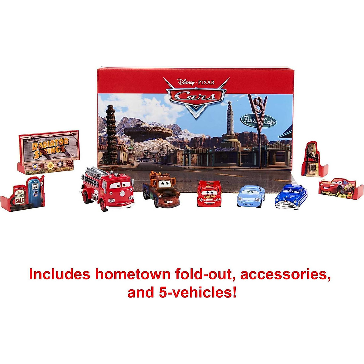 Mattel Disney and Pixar Cars Vehicle 5-Packs with 4 Character Toy Cars & 1 Red Fire Truck Inspired by Radiator Springs, Collectible Set