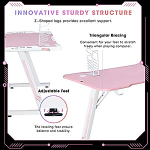 YOUTHUP Gaming Desk with LED Lights, 43" Z Shaped RGB Gaming Computer Desk Table, Ergonomic PC Workstation with Remote Control, Cup Holder, Handle Rack, Headphone Hook for Home Office Use (Pink)